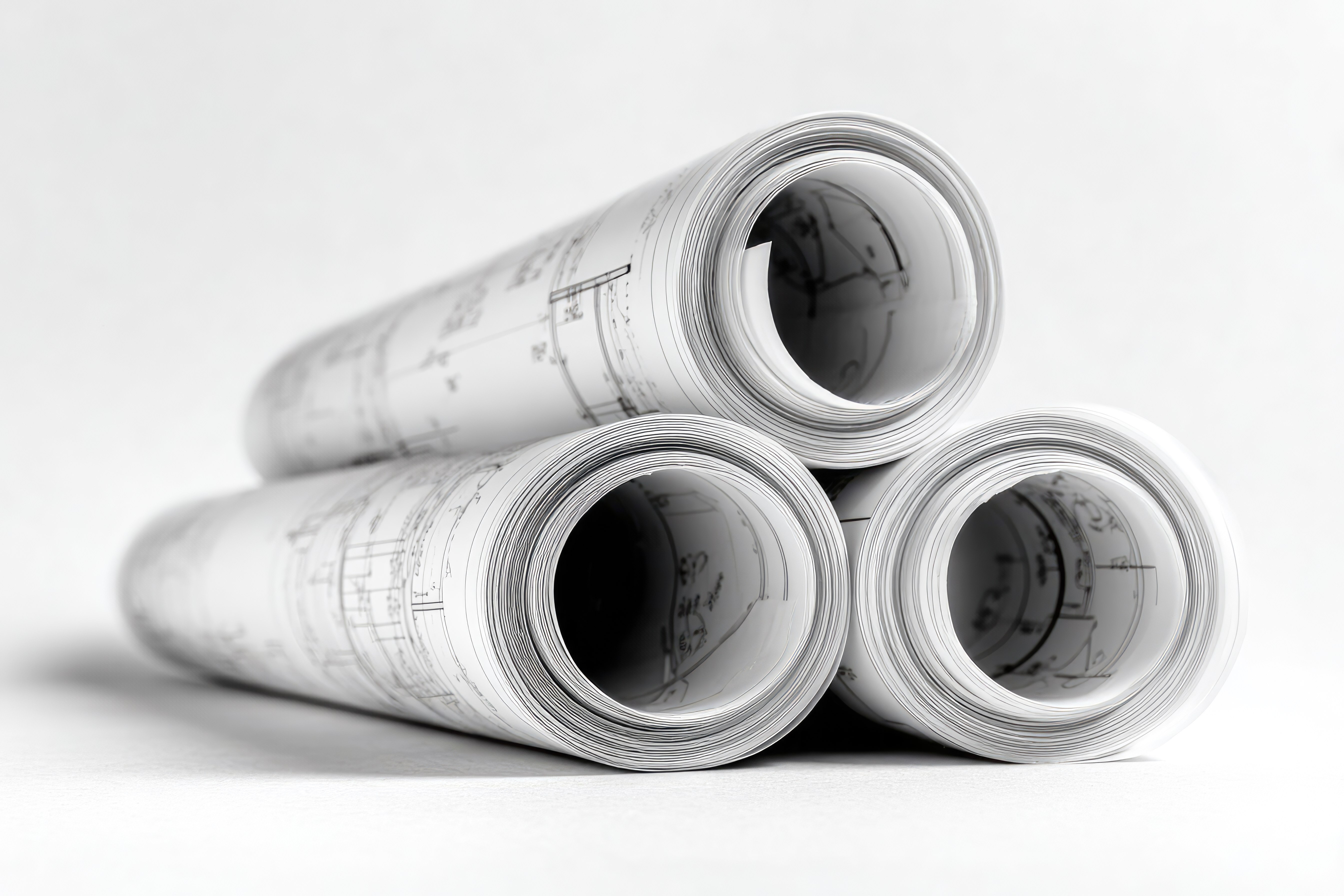 Three rolled blueprints arranged in a triangular stack on a white ...